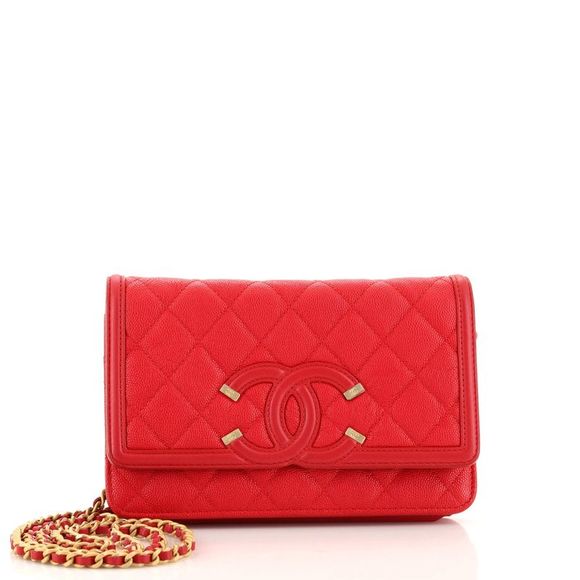 CHANEL | Bags | Chanel Filigree Wallet On Chain Quilted Caviar Red ...